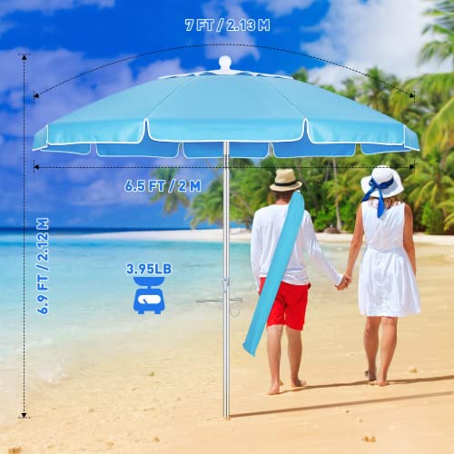 Portable Beach Umbrella for Sand: 7FT Arc Length 6.5FT Diameter Outdoor Umbrella with Anchor Heavy Duty and Adjustable Tilt Pole - UV 50+ Windproof Beach Umbrella with Carry Bag for Beach, Patio, Garden, Dark Blue Leaves