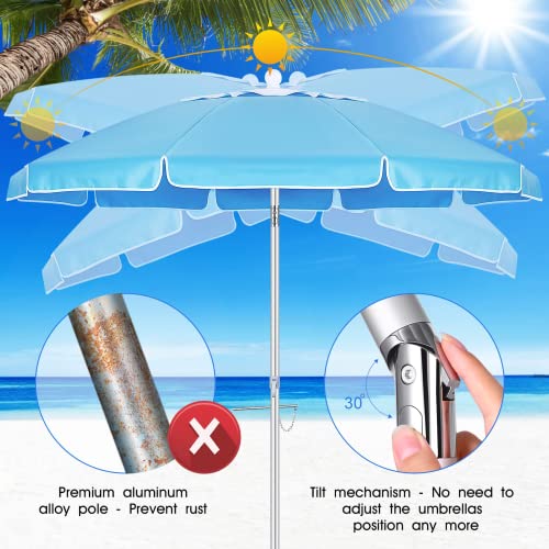 Portable Beach Umbrella for Sand: 7FT Arc Length 6.5FT Diameter Outdoor Umbrella with Anchor Heavy Duty and Adjustable Tilt Pole - UV 50+ Windproof Beach Umbrella with Carry Bag for Beach, Patio, Garden, Dark Blue Leaves