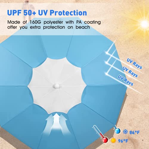 Portable Beach Umbrella for Sand: 7FT Arc Length 6.5FT Diameter Outdoor Umbrella with Anchor Heavy Duty and Adjustable Tilt Pole - UV 50+ Windproof Beach Umbrella with Carry Bag for Beach, Patio, Garden, Dark Blue Leaves