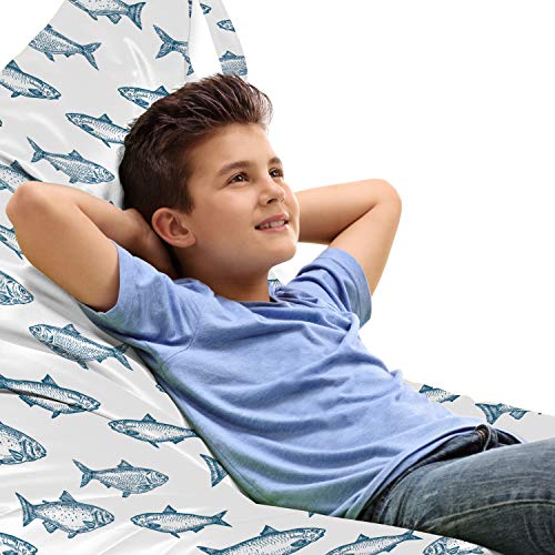 Ambesonne Fishing Lounger Chair Bag, Horizontally Drawn Fish Sketches Underwater Creatures Marine-Themed Layout, High Capacity Storage with Handle Container, Lounger Size, Slate Blue White