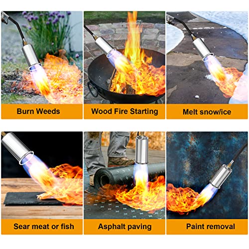 Propane Torch Weed Burner torch, Gardening Outdoor weed torch with Push Button Igniter and 9.8 ft Hose,Heavy Duty Multifunctional Burner for Burning Weeds, Melting ice and Snow,Heating Asphalt(silver)