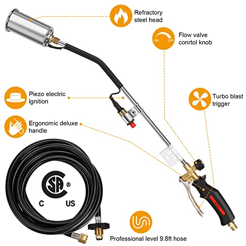 Propane Torch Weed Burner torch, Gardening Outdoor weed torch with Push Button Igniter and 9.8 ft Hose,Heavy Duty Multifunctional Burner for Burning Weeds, Melting ice and Snow,Heating Asphalt(silver)