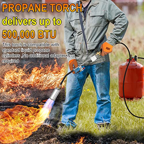 Propane Torch Weed Burner torch, Gardening Outdoor weed torch with Push Button Igniter and 9.8 ft Hose,Heavy Duty Multifunctional Burner for Burning Weeds, Melting ice and Snow,Heating Asphalt(silver)