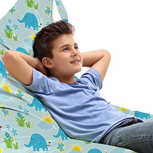 Ambesonne Cartoon Lounger Chair Bag, Funny Elephants and Sun Clouds Butterflies Flowers Garden, High Capacity Storage with Handle Container, Lounger Size, Yellow Pale Blue