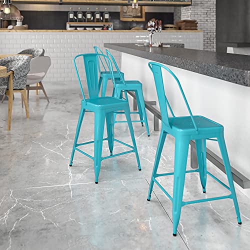 EMMA + OLIVER Commercial Grade 24" H Teal-Blue Metal Indoor-Outdoor Counter Stool w/ Back