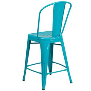 EMMA + OLIVER Commercial Grade 24" H Teal-Blue Metal Indoor-Outdoor Counter Stool w/ Back