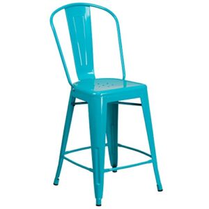 EMMA + OLIVER Commercial Grade 24" H Teal-Blue Metal Indoor-Outdoor Counter Stool w/ Back