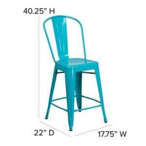 EMMA + OLIVER Commercial Grade 24" H Teal-Blue Metal Indoor-Outdoor Counter Stool w/ Back