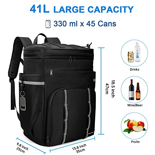 Backpack Coolers Insulated Leak Proof, 45 Cans Beach Cooler Backpack Large Capacity, Lightweight Ice Chest Backpack, Waterproof Soft Cooler Bag Lunch Backpack for Men Women Camping Hiking (Black)