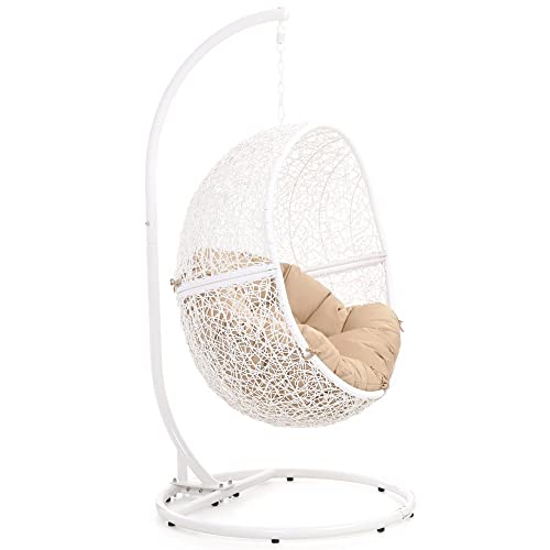 Zuri Furniture Modern Shore White Basket Swing Chair Khaki Cushion with Stand