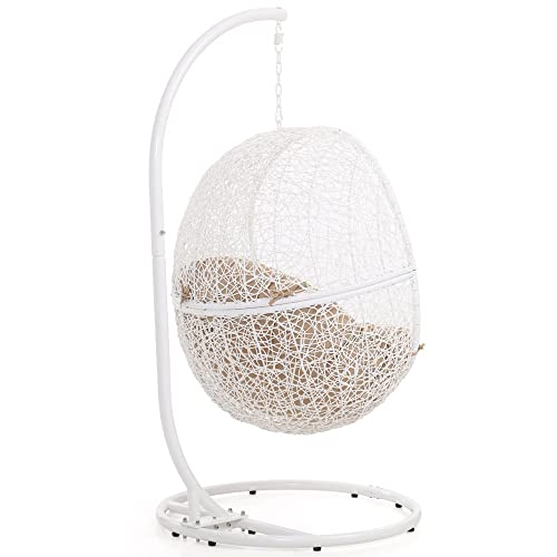 Zuri Furniture Modern Shore White Basket Swing Chair Khaki Cushion with Stand