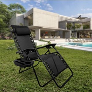 EasyGo Product Zero Gravity Lawn Lounge Pillow and Cup Holder Furniture Outdoor Adjustable Dining Reclining Folding Chairs for Deck Patio Beach Yard, 1 Pack Black