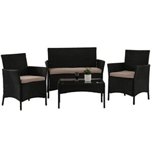 4 pieces patio furniture set rattan outside furniture wicker sofa garden conversation sets with soft cushion and glass table for yard pool or backyard,black