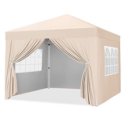 Yaheetech 10x10 Pop Up Canopy with 4 Removable Sidewalls, Portable Enclosed Instant Tent, Waterproof Outdoor Tent, Beach Sun Shelter with 4 Sandbags, 8 Stakes & 4 Ropes, Beige