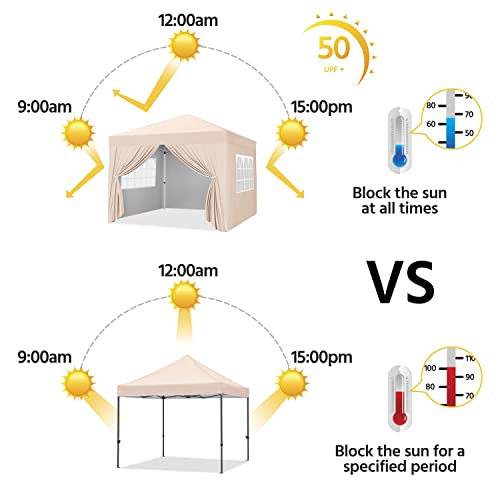 Yaheetech 10x10 Pop Up Canopy with 4 Removable Sidewalls, Portable Enclosed Instant Tent, Waterproof Outdoor Tent, Beach Sun Shelter with 4 Sandbags, 8 Stakes & 4 Ropes, Beige