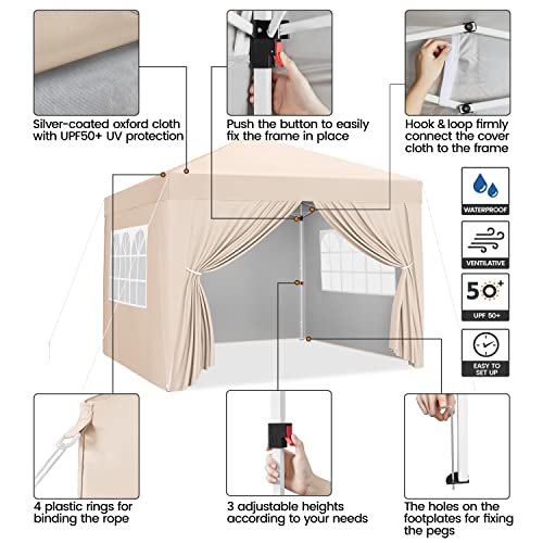 Yaheetech 10x10 Pop Up Canopy with 4 Removable Sidewalls, Portable Enclosed Instant Tent, Waterproof Outdoor Tent, Beach Sun Shelter with 4 Sandbags, 8 Stakes & 4 Ropes, Beige