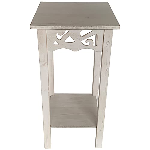 eHemco Plant Decorating Stand End Table Side Table with Storage Shelf, 11.8 by 11.8 by 23.7 Inches, Antique Water Washed Off-White