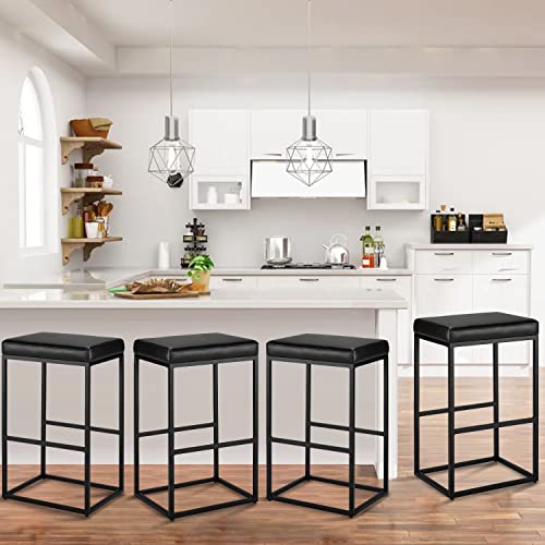 HeuGah Bar Stools Set of 4, Modern Backless Bar Stools with Metal Legs, Industrial Faux Leather Counter Height Bar Stools for Kitchen Island (Black, 30 Inch)