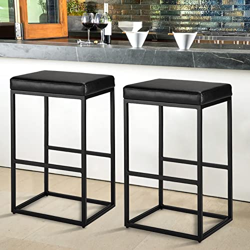 HeuGah Bar Stools Set of 4, Modern Backless Bar Stools with Metal Legs, Industrial Faux Leather Counter Height Bar Stools for Kitchen Island (Black, 30 Inch)