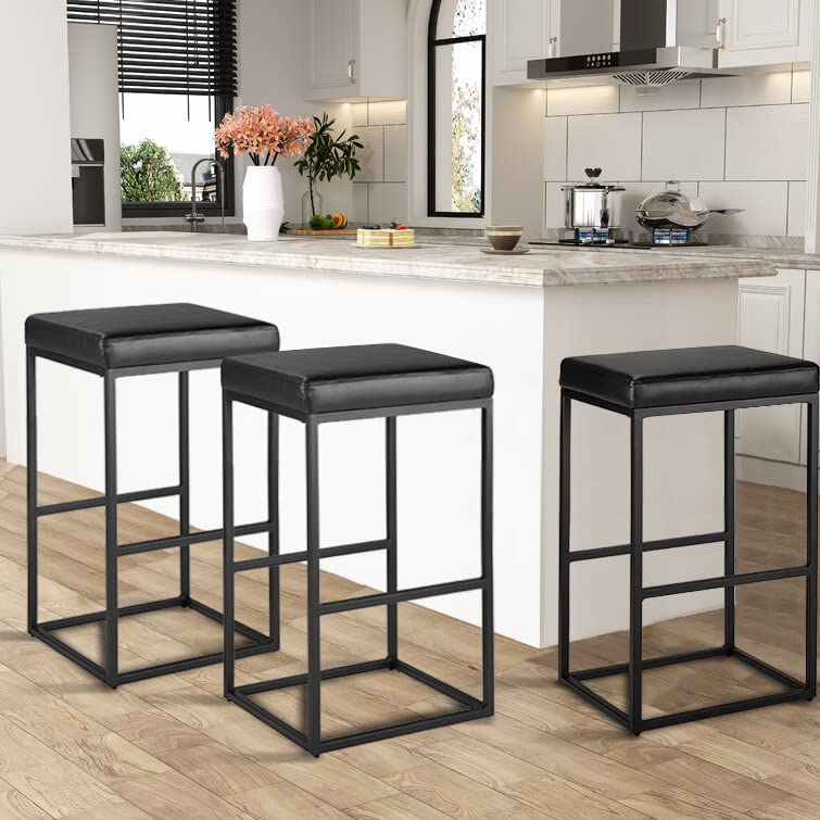 HeuGah Bar Stools Set of 4, Modern Backless Bar Stools with Metal Legs, Industrial Faux Leather Counter Height Bar Stools for Kitchen Island (Black, 30 Inch)