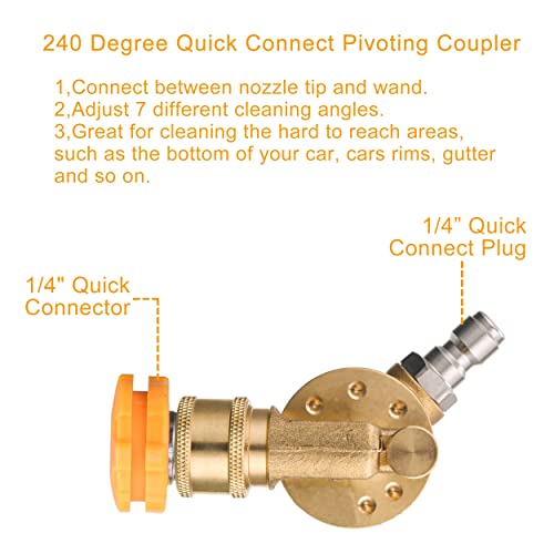 FIXFANS Pressure Washer Pivoting Coupler, 1/4” Quick Connect Gutter Cleaner Attachment, 240 Degree with 7 Angles for Power Washer Spray Nozzle, 4500PSI