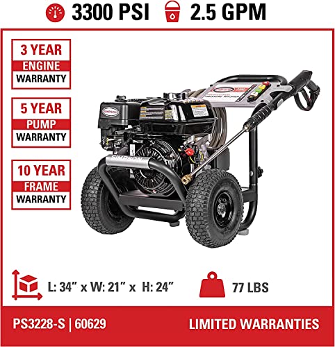 SIMPSON Cleaning PS3228 PowerShot 3300 PSI Gas Pressure Washer, 2.5 GPM, Honda GX200 Engine, Includes Spray Gun and Extension Wand, 5 QC Nozzle Tips, 5/16-inch x 25-foot MorFlex Hose