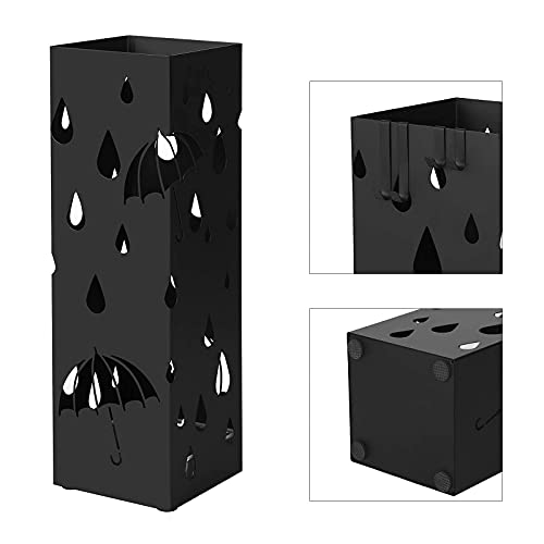 SONGMICS Metal Umbrella Stand, Square Umbrella Holder with Water Tray and Hooks, 6.1 x 6.1 x 19.3 Inches, Black ULUC49B