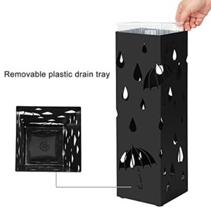 SONGMICS Metal Umbrella Stand, Square Umbrella Holder with Water Tray and Hooks, 6.1 x 6.1 x 19.3 Inches, Black ULUC49B