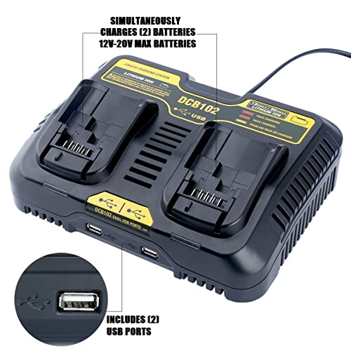 Qbmel DCB102BP Replacement Dual Battery Charger for DEWALT 12-Volt MAX/20-Volt MAX Jobsite Charging Station DCB105 DCB112 DCB120 Lithium Battery DCB205-2 DCB204 DCB127 DCB200