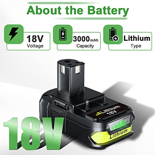 2Pack 3.0AH P102 P190 Replacement for Ryobi 18V Battery + P117 Charger for Ryobi Battery 18V Lithium P108 P107 P104 P105 P102 P103 for Ryobi 18V Lithium Battery Charger with 260051002 P117 P118 P113