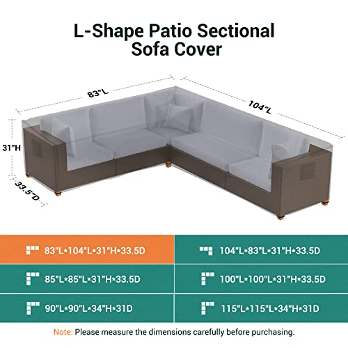 Mrrihand Patio L-Shaped Sectional Sofa Cover, Waterproof Outdoor Sectional Cover,Heavy Duty Garden Furniture Cover with Air Vent 83W*104D*31H/33.5