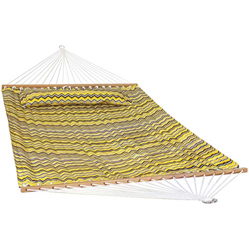 Sunnydaze 2-Person Quilted Printed Fabric Spreader Bar Hammock and Pillow - Large Modern Hammock with Metal S Hooks and Hanging Chains - Heavy Duty 450-Pound Weight Capacity - Yellow and Gray Chevron