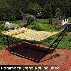 Sunnydaze 2-Person Quilted Printed Fabric Spreader Bar Hammock and Pillow - Large Modern Hammock with Metal S Hooks and Hanging Chains - Heavy Duty 450-Pound Weight Capacity - Yellow and Gray Chevron