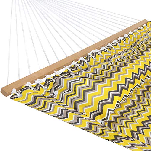 Sunnydaze 2-Person Quilted Printed Fabric Spreader Bar Hammock and Pillow - Large Modern Hammock with Metal S Hooks and Hanging Chains - Heavy Duty 450-Pound Weight Capacity - Yellow and Gray Chevron