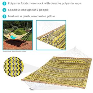 Sunnydaze 2-Person Quilted Printed Fabric Spreader Bar Hammock and Pillow - Large Modern Hammock with Metal S Hooks and Hanging Chains - Heavy Duty 450-Pound Weight Capacity - Yellow and Gray Chevron