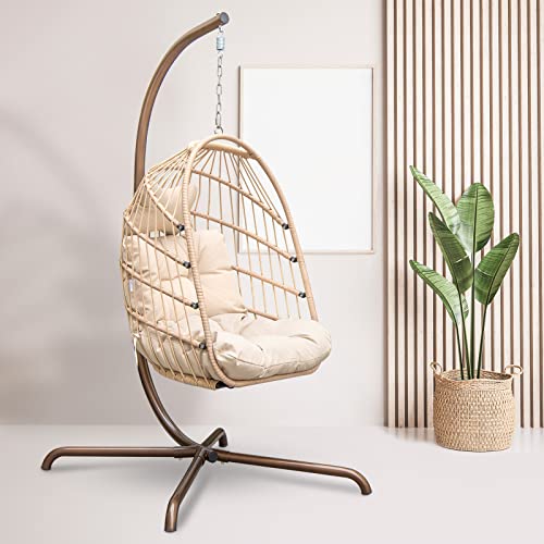 RADIATA Foldable Wicker Rattan Hanging Egg Chair with Stand, Swing Chair with Cushion and Pillow, Lounging Chair for Indoor Outdoor Bedroom Patio Garden (Beige with Stand)