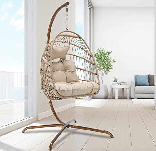 RADIATA Foldable Wicker Rattan Hanging Egg Chair with Stand, Swing Chair with Cushion and Pillow, Lounging Chair for Indoor Outdoor Bedroom Patio Garden (Beige with Stand)