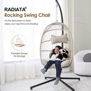 RADIATA Foldable Wicker Rattan Hanging Egg Chair with Stand, Swing Chair with Cushion and Pillow, Lounging Chair for Indoor Outdoor Bedroom Patio Garden (Beige with Stand)