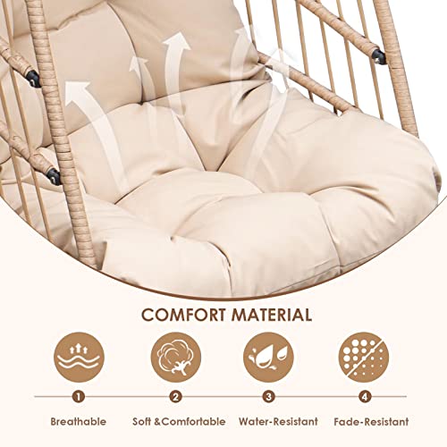 RADIATA Foldable Wicker Rattan Hanging Egg Chair with Stand, Swing Chair with Cushion and Pillow, Lounging Chair for Indoor Outdoor Bedroom Patio Garden (Beige with Stand)