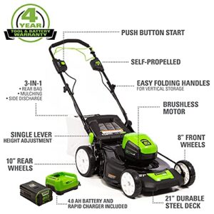 Greenworks Pro 80V 21-Inch Brushless Self-Propelled Lawn Mower 4.0Ah Battery and Charger Included, MO80L410