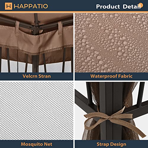 HAPPATIO 10' X 12' Outdoor Patio Gazebo, Outdoor Canopy Gazebo for Garden,Yard,Patio with Ventilation Double Roof with Mosquito Netting,Light Brown