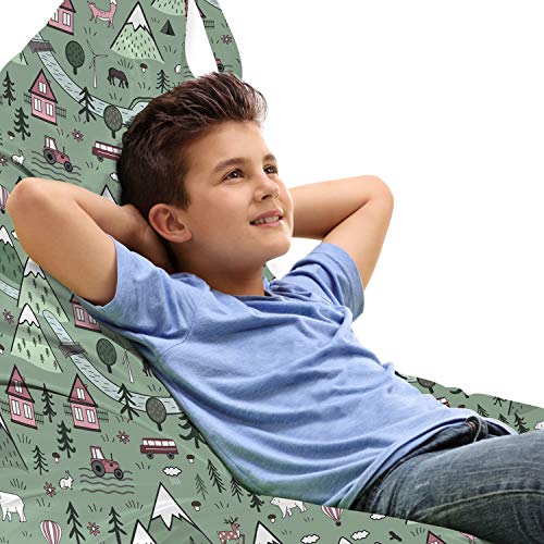 Ambesonne Cartoon Lounger Chair Bag, Childish Mountain Town Drawing Fox Horse Trees Nordic Nature Village, High Capacity Storage with Handle Container, Lounger Size, Laurel Green Pale Pink