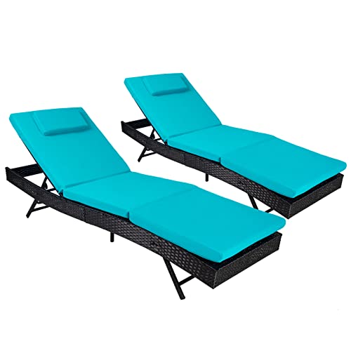 Omelaza Outdoor Chaise Lounge All-Weather Wicker Patio Lounge Chair, Adjustable Reclining Chair with Blue Cushion for Poolside, Garden, Backyard (2 Pieces)