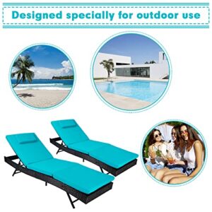 Omelaza Outdoor Chaise Lounge All-Weather Wicker Patio Lounge Chair, Adjustable Reclining Chair with Blue Cushion for Poolside, Garden, Backyard (2 Pieces)