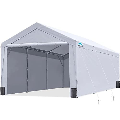 ADVANCE OUTDOOR 12x20 ft Heavy Duty Carport with Sidewalls and Doors, Adjustable Height from 9.5 ft to 11 ft, Car Canopy Garage Party Tent Boat Shelter with 8 Reinforced Poles and 4 Sandbags, White