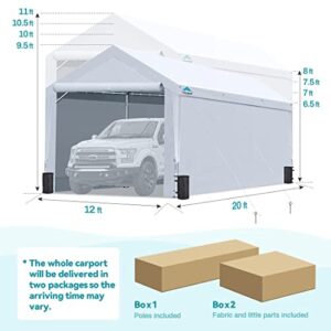 ADVANCE OUTDOOR 12x20 ft Heavy Duty Carport with Sidewalls and Doors, Adjustable Height from 9.5 ft to 11 ft, Car Canopy Garage Party Tent Boat Shelter with 8 Reinforced Poles and 4 Sandbags, White