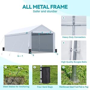 ADVANCE OUTDOOR 12x20 ft Heavy Duty Carport with Sidewalls and Doors, Adjustable Height from 9.5 ft to 11 ft, Car Canopy Garage Party Tent Boat Shelter with 8 Reinforced Poles and 4 Sandbags, White