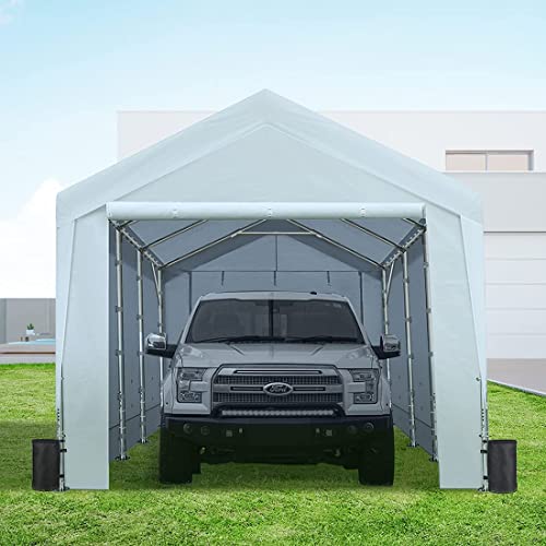 ADVANCE OUTDOOR 12x20 ft Heavy Duty Carport with Sidewalls and Doors, Adjustable Height from 9.5 ft to 11 ft, Car Canopy Garage Party Tent Boat Shelter with 8 Reinforced Poles and 4 Sandbags, White