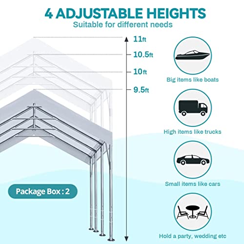 ADVANCE OUTDOOR 12x20 ft Heavy Duty Carport with Sidewalls and Doors, Adjustable Height from 9.5 ft to 11 ft, Car Canopy Garage Party Tent Boat Shelter with 8 Reinforced Poles and 4 Sandbags, White