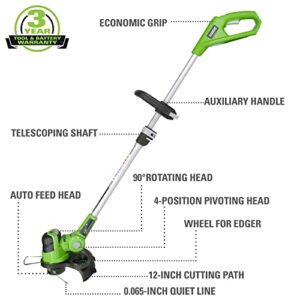 Greenworks 24V 12" Cordless String Trimmer / Edger, 2.0Ah Battery and Charger Included